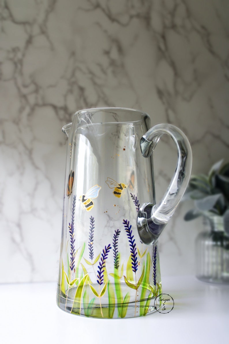 Hand Painted Lavender Glass Pitcher Set: Bees & Blooms - Etsy