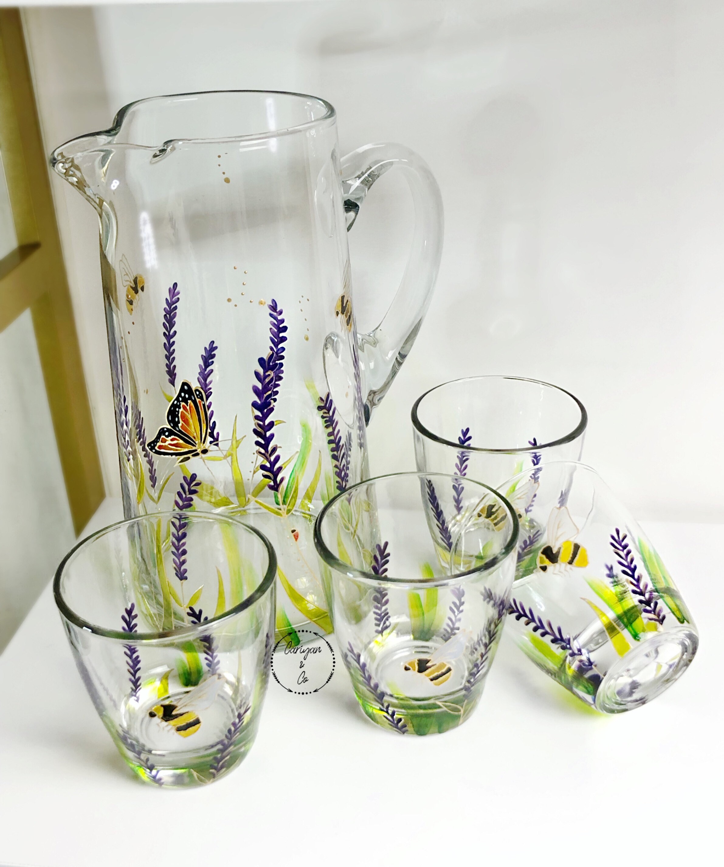 Hand Painted Lavender Glass Pitcher Set: Bees & Blooms - Etsy