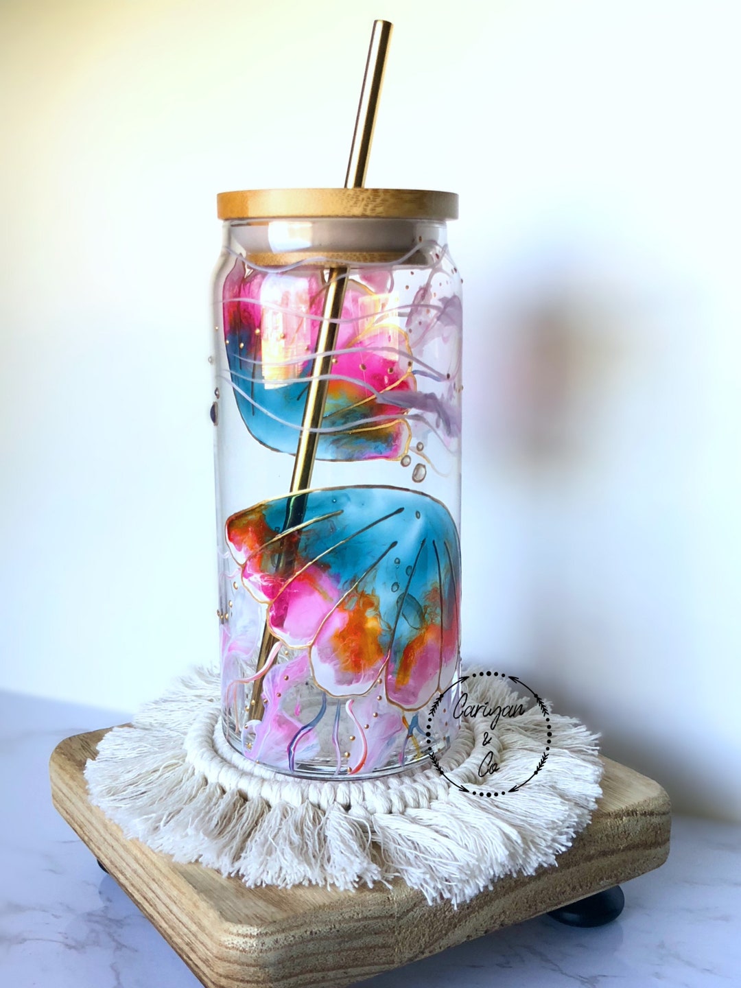 Hand Painted Iced Coffee Glass Cup, Jellyfish Glass Can Cup - Etsy