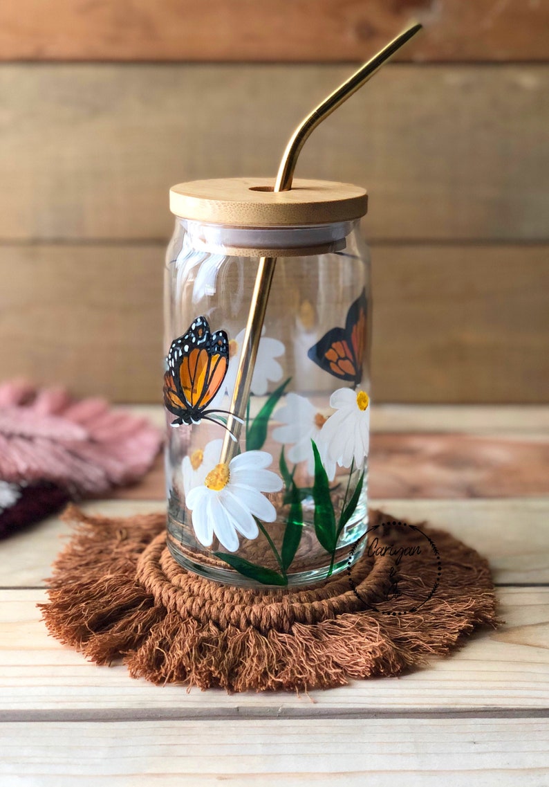 Butterfly Iced Coffee Glass Cup Boho Butterfly Glass Cup - Etsy