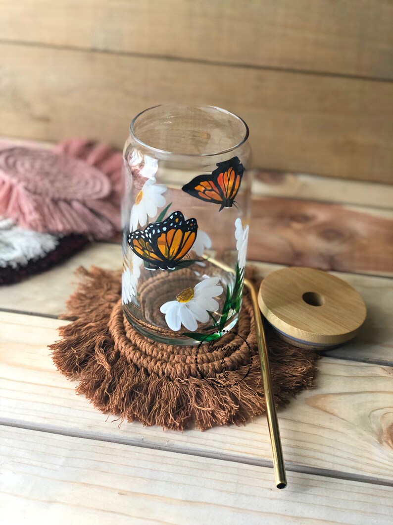 Butterfly Iced Coffee Glass Cup Boho Butterfly Glass Cup - Etsy