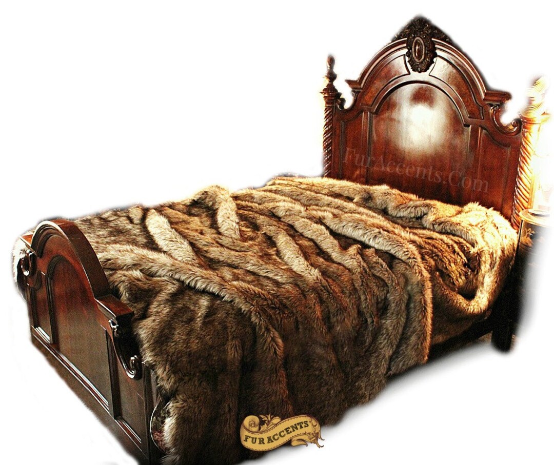 FUR ACCENTS Faux Fur Bedspread / Light Brown Coyote Fur / Throw Blanket ...