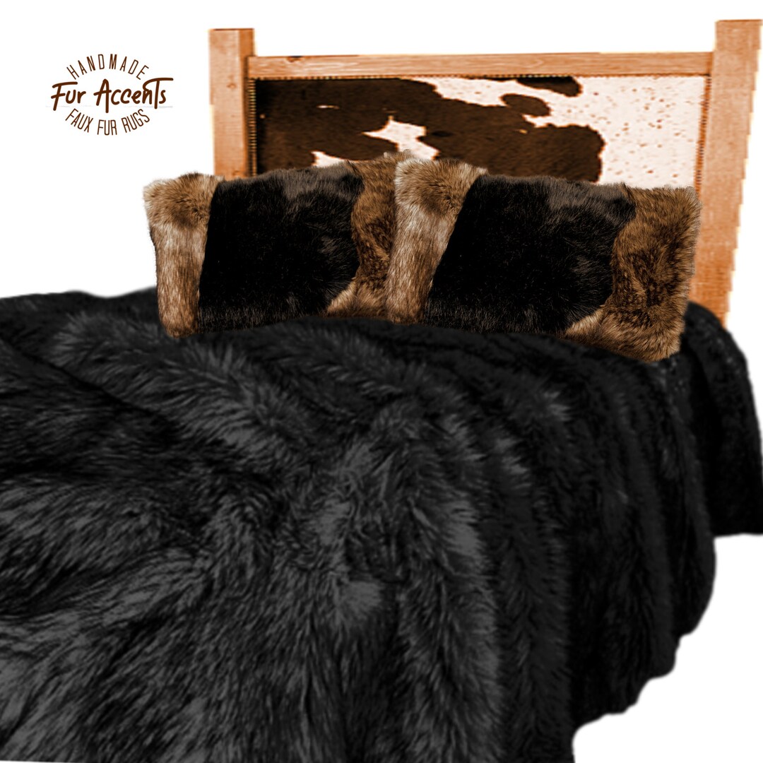 FUR ACCENTS Faux Fur Bedspread , Black Shaggy Faux Fur or Brown, Soft ...