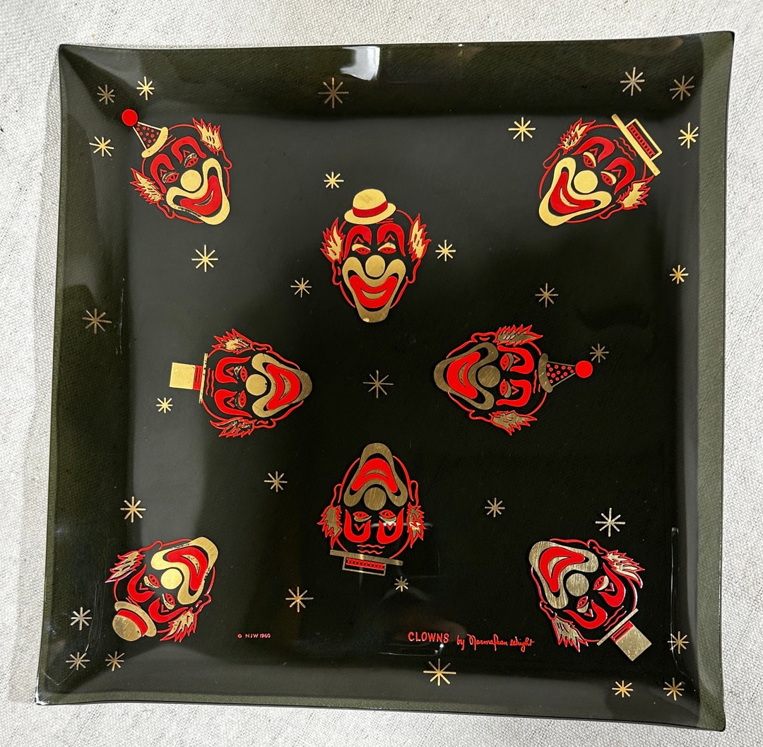 Rare Norma Jean Wright clowns Smoked Glass Plate 24K Gold Circus Bozo ...