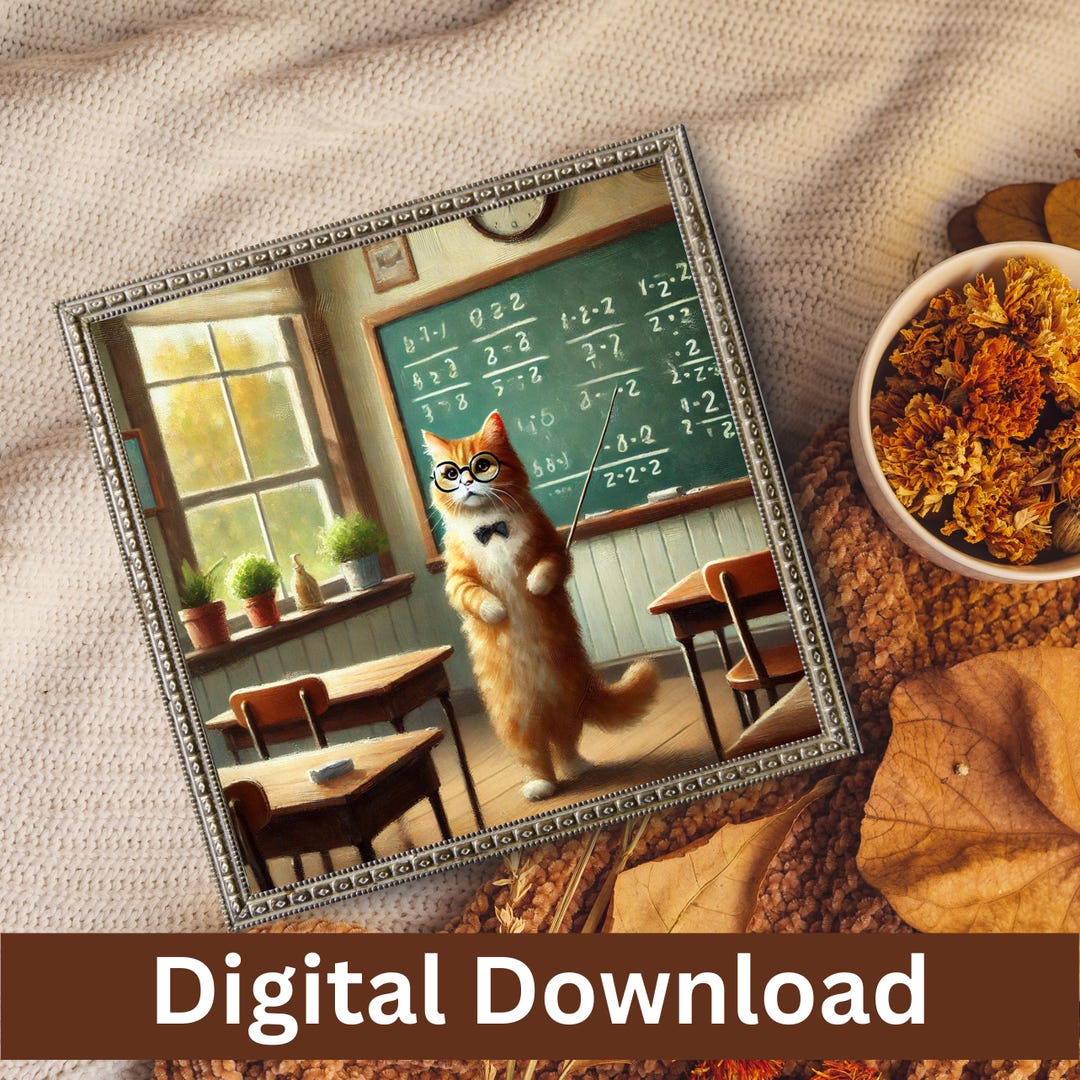 Teacher Cat Art Digital Download - Classroom Cat Printable, Funny Cat ...