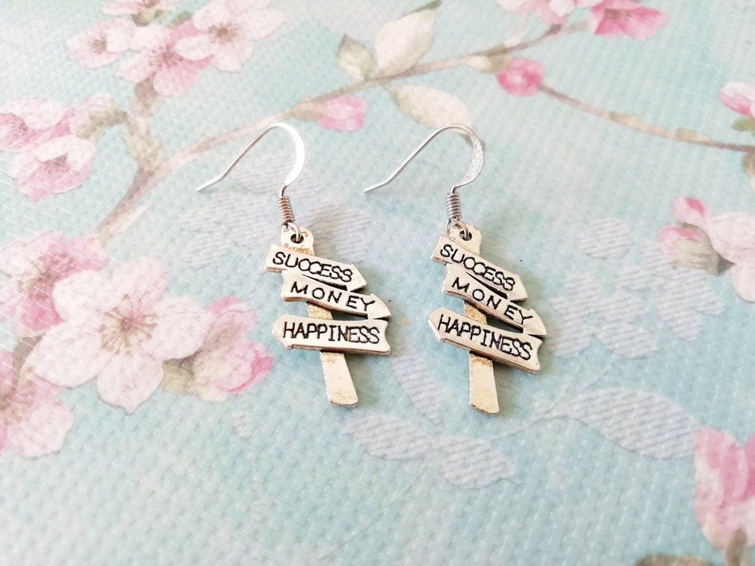 Success Money Happiness Signpost Earrings Quotes Earrings Affirmation ...