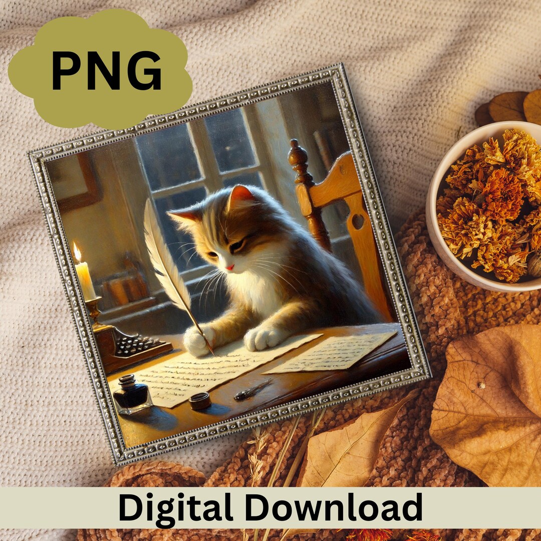 Vintage Cat Writer Art Digital Download - Cozy Cat Writing Printable ...