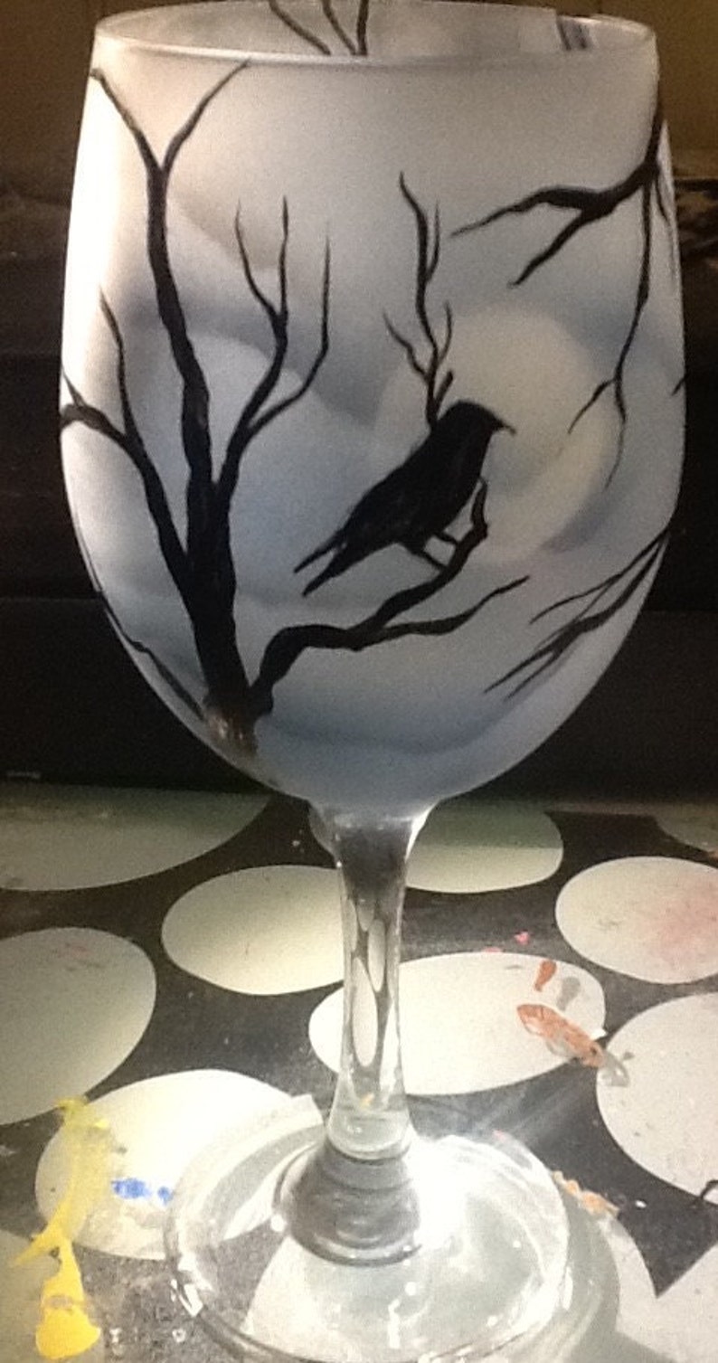 The black Raven Wine Glass Hand Painted Enjoy | Etsy