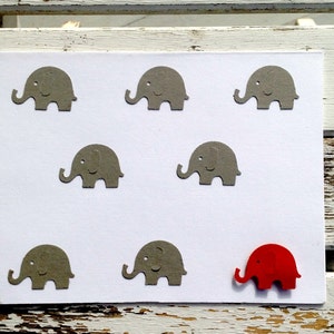 Paper Punched Gray and Red Elephants on a White Note Card With a ...