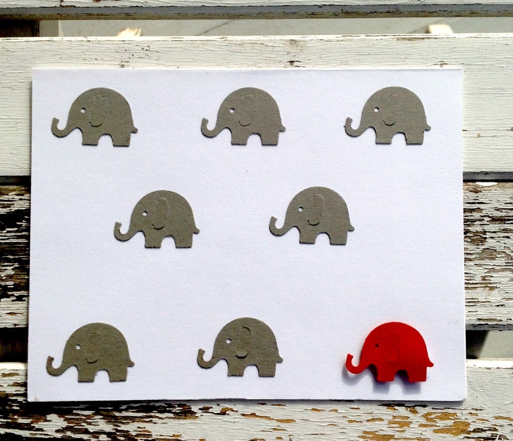 Paper Punched Gray and Red Elephants on a White Note Card With a ...