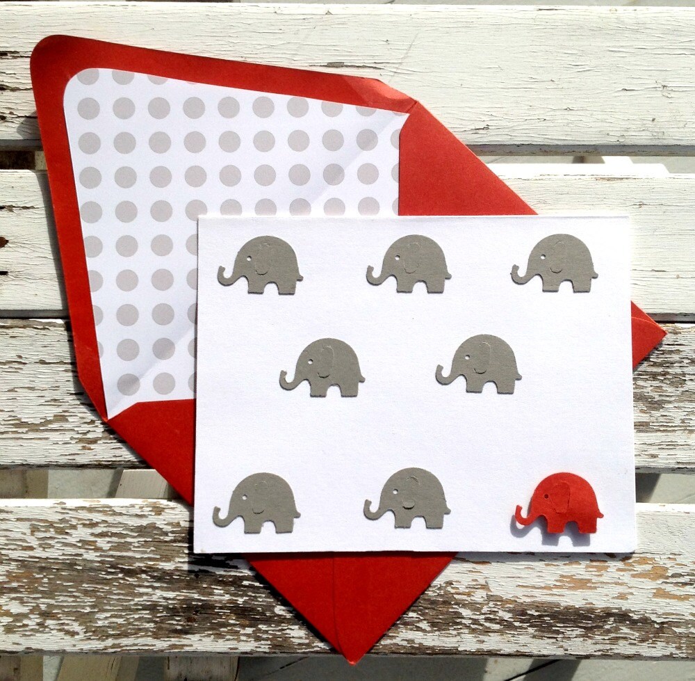 Paper Punched Gray and Red Elephants on a White Note Card With a ...