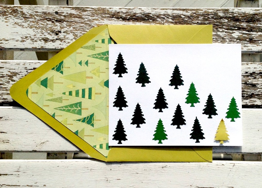 Paper Punched Pine Trees in Shades of Green on a White Note Card With a ...