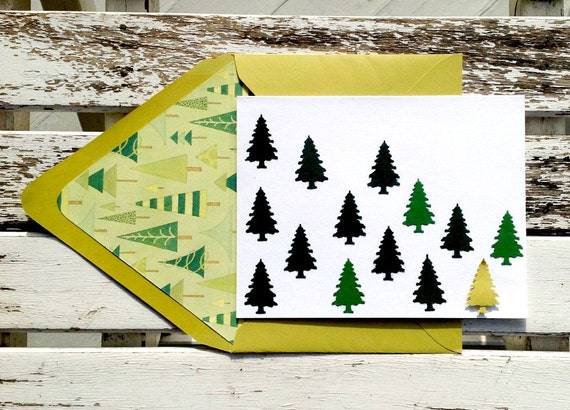 Paper punched pine trees in shades of green on a white note | Etsy