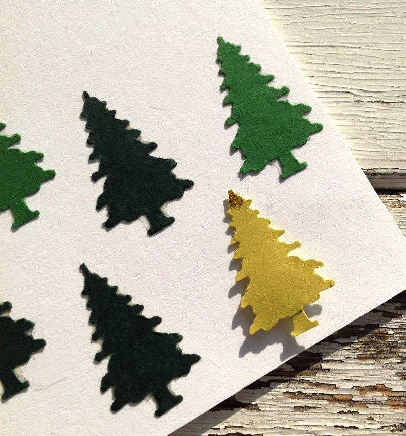 Paper Punched Pine Trees in Shades of Green on a White Note Card With a ...
