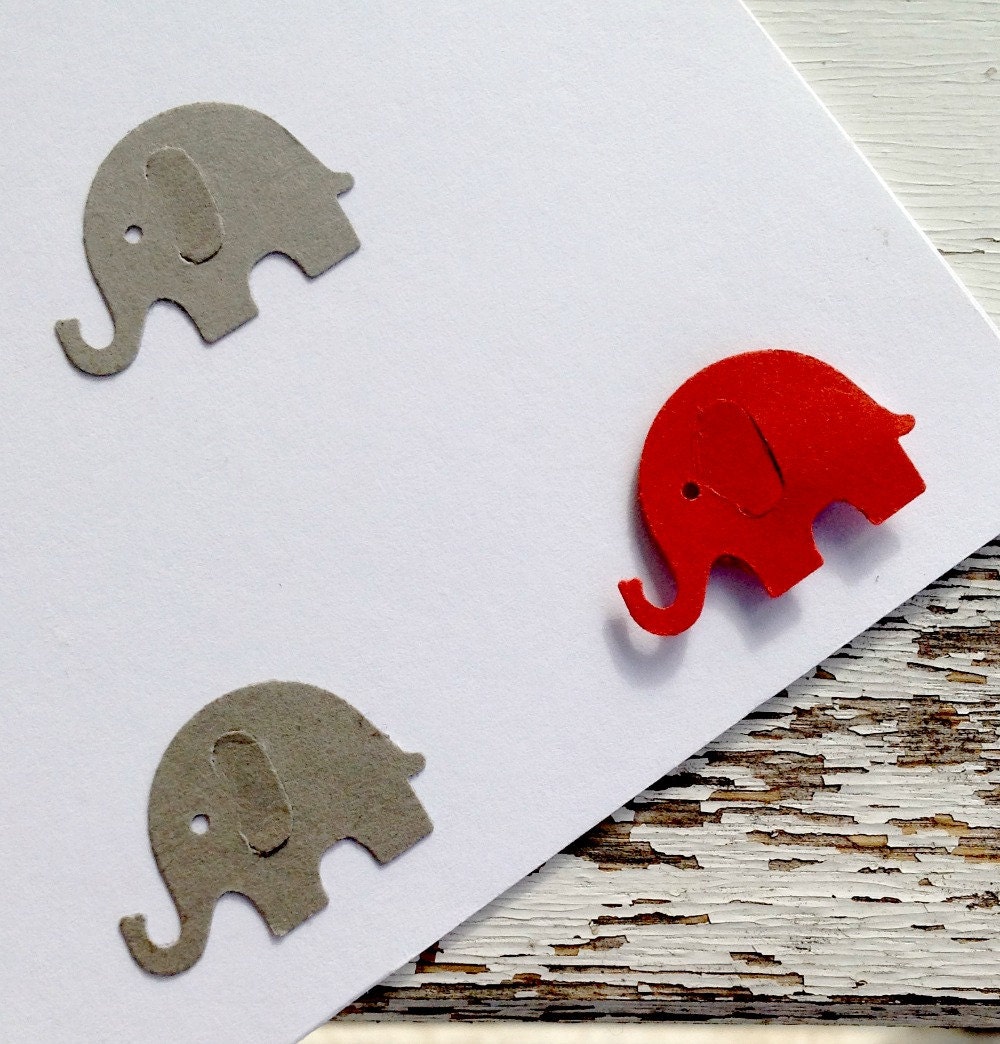 Paper Punched Gray and Red Elephants on a White Note Card With a ...