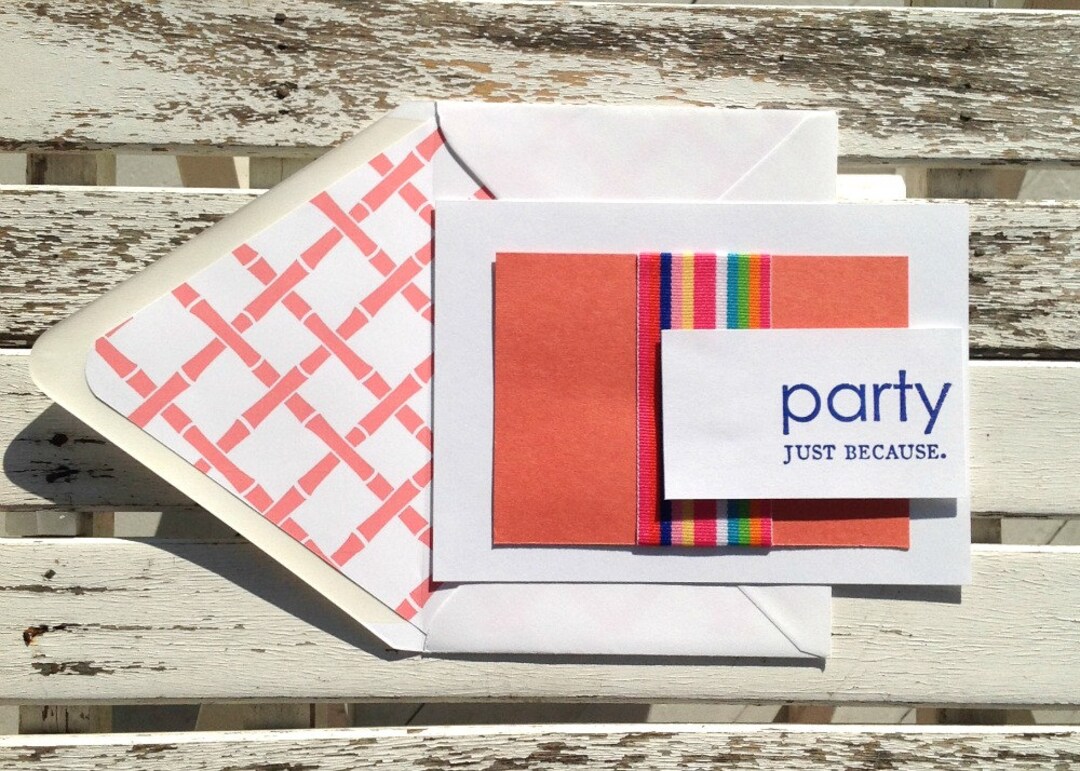 Party Just Because Invitation With Multi Stripe Ribbon. White Card With ...