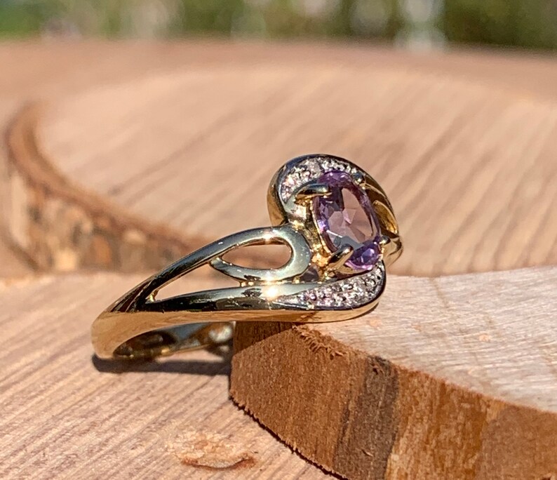 Gold Amethyst Ring Crossover Style With Diamond Accents 9K | Etsy