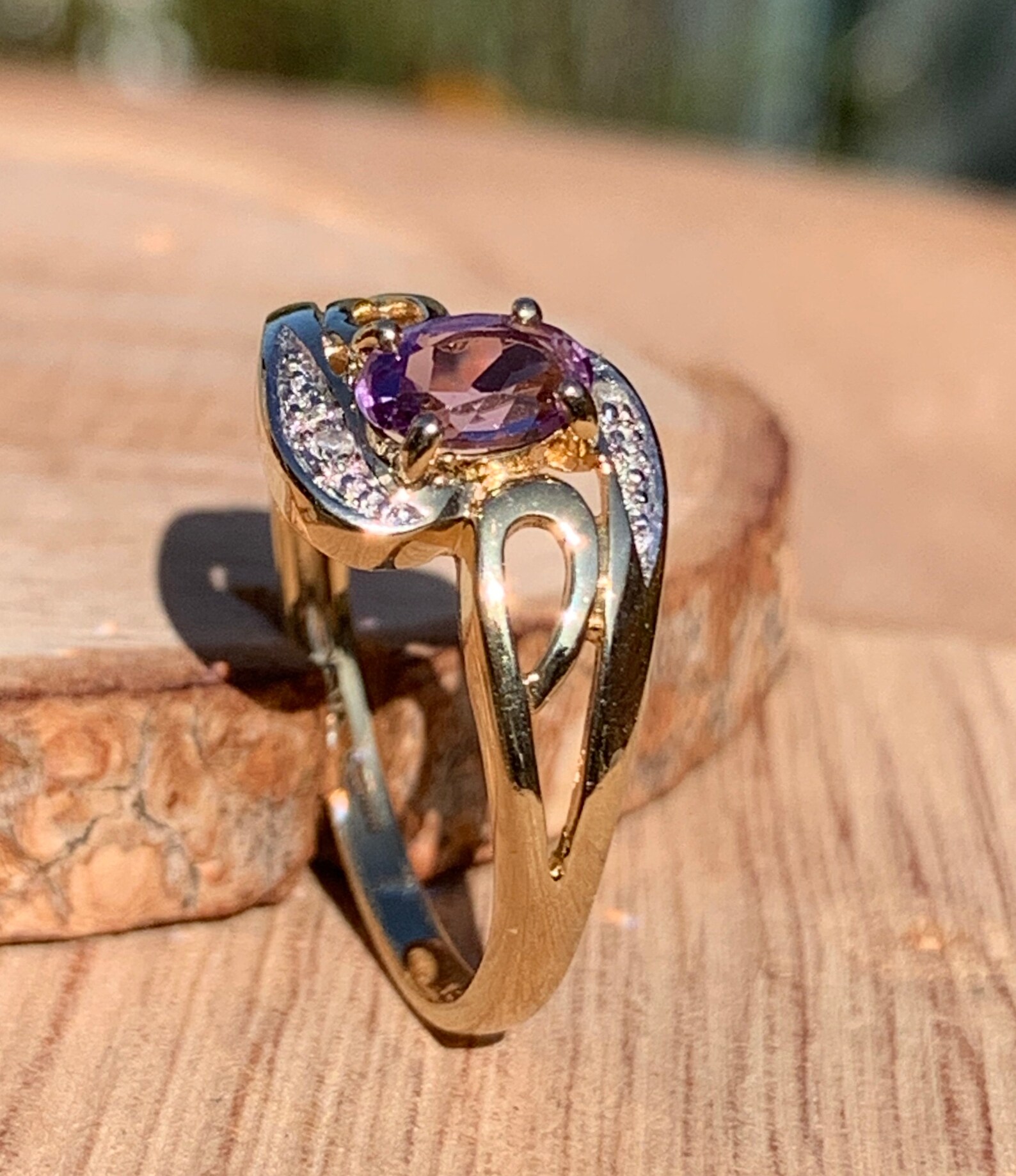 Gold Amethyst Ring Crossover Style With Diamond Accents 9K | Etsy