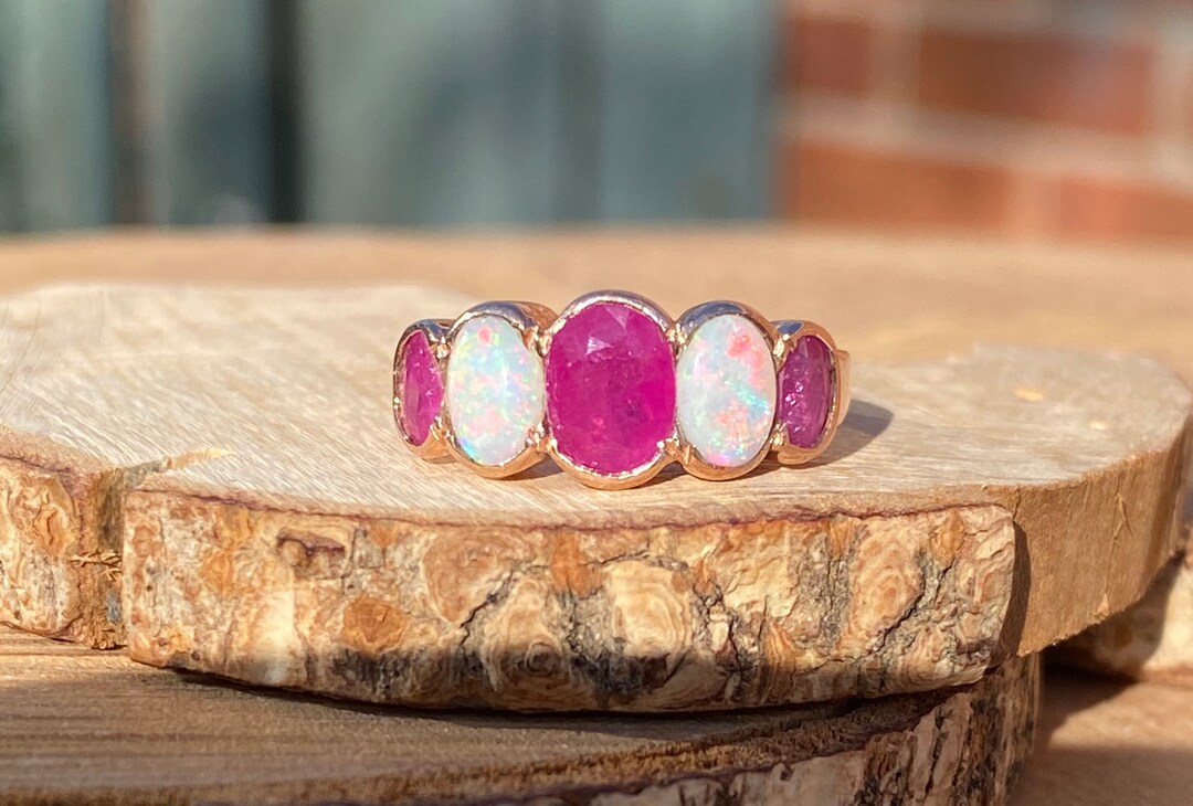 Gold Ruby Opal Ring. This 9K Rose Gold Ring Has Natural Oval Rubies and ...