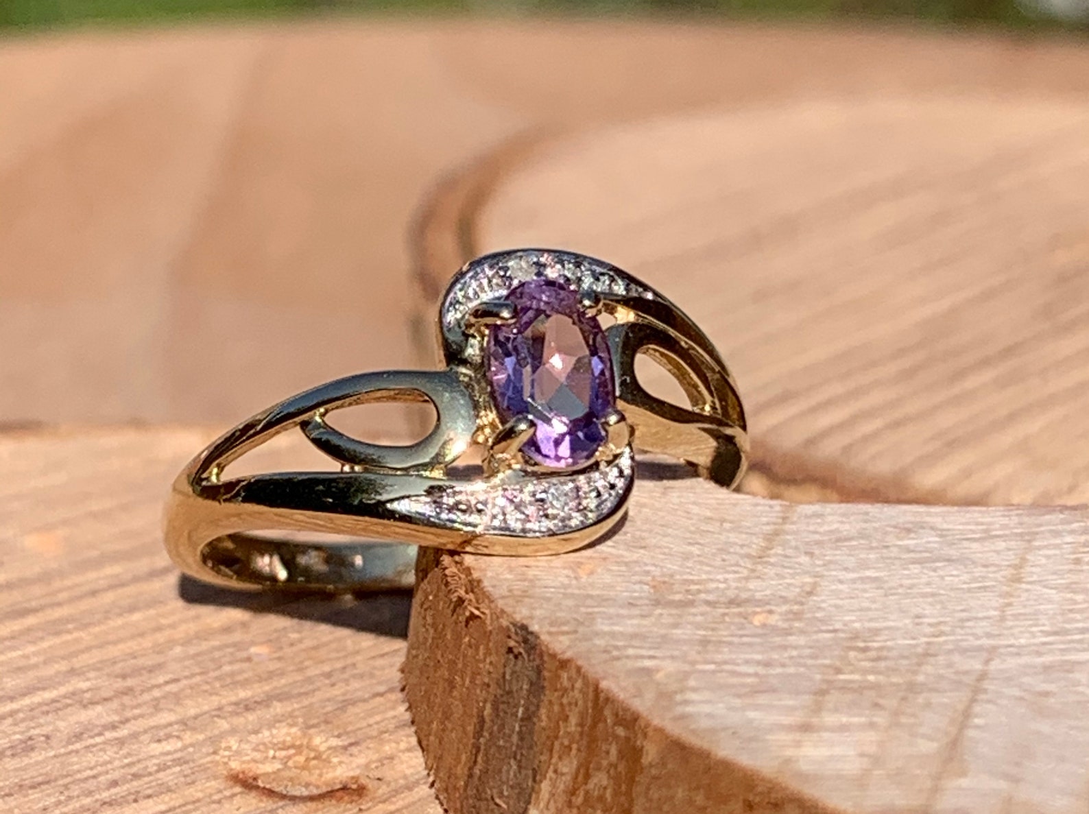 Gold Amethyst Ring Crossover Style With Diamond Accents 9K | Etsy