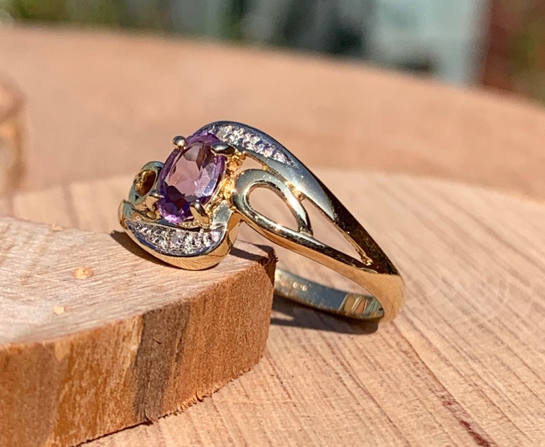 Gold Amethyst Ring Crossover Style With Diamond Accents 9K | Etsy