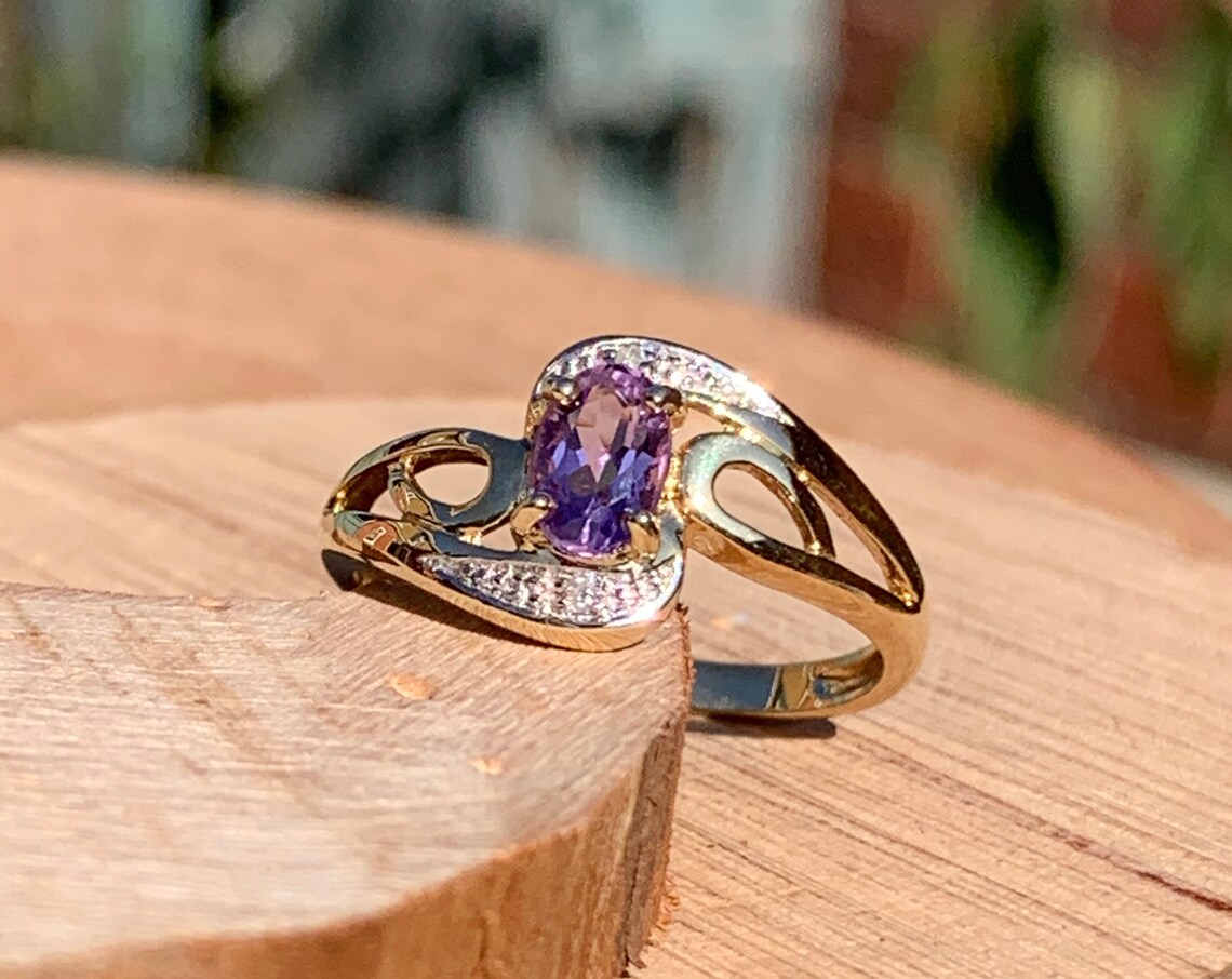 Gold Amethyst Ring Crossover Style With Diamond Accents 9K | Etsy