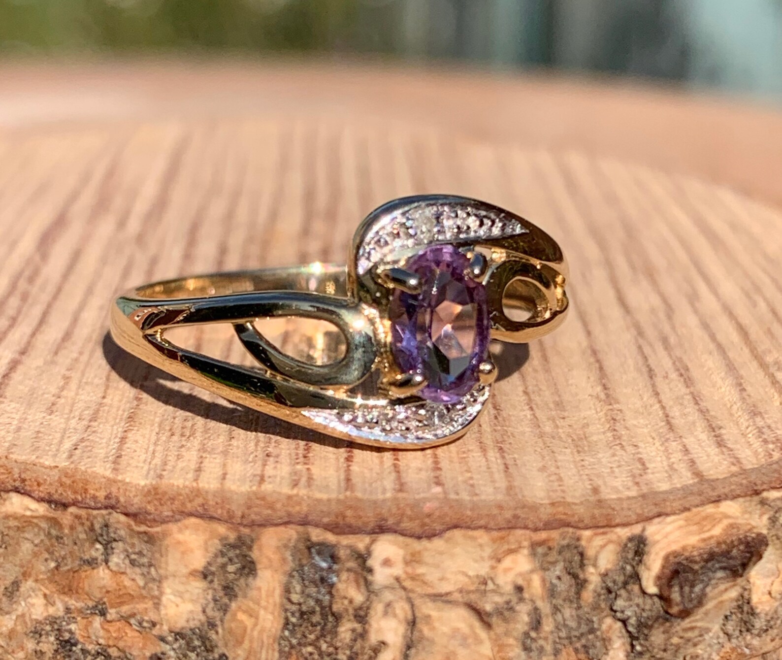Gold Amethyst Ring Crossover Style With Diamond Accents 9K | Etsy