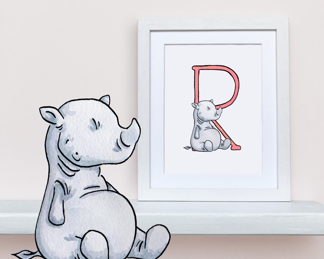 R is for Rhino, Animal Alphabet Nursery Decor 8x10 Mounted Wall Art ...