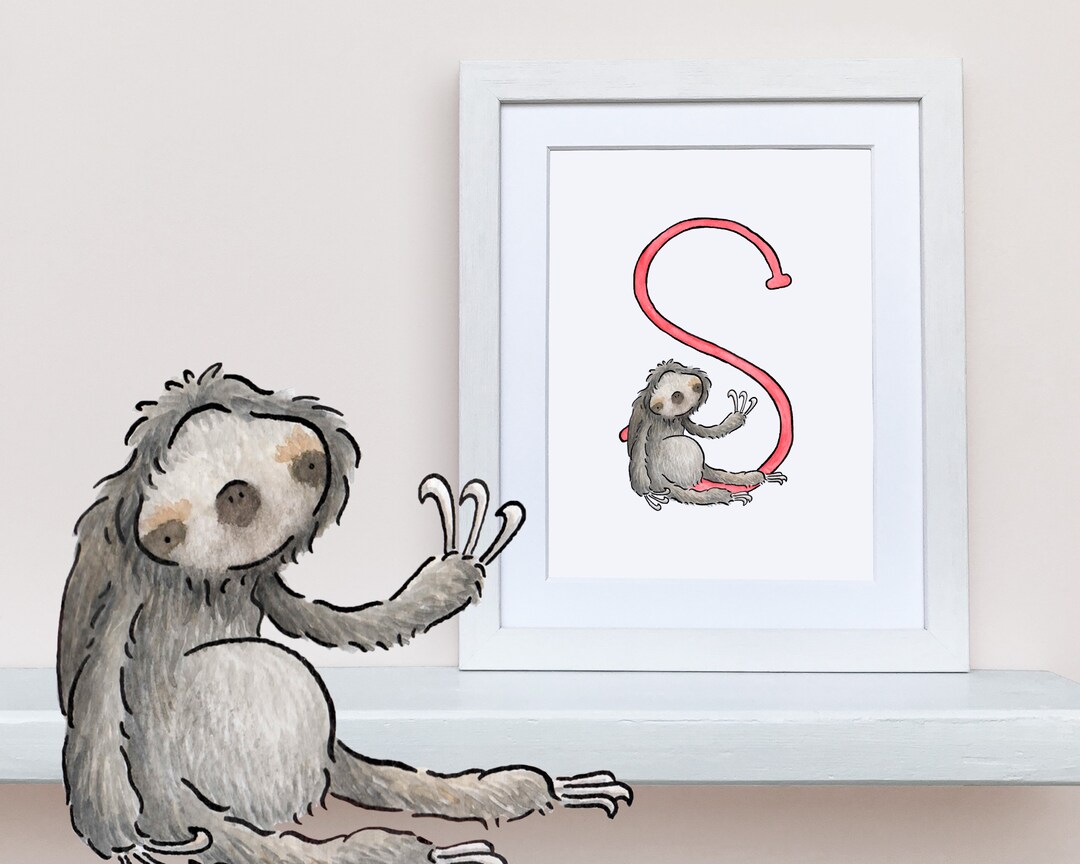 S is for Sloth, Animal Alphabet Nursery Wall Art. 8"x10" Mounted Baby ...