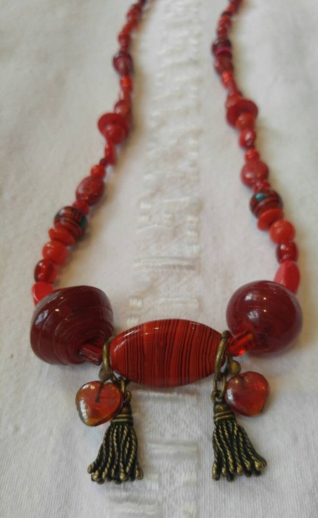 Deep Red Hand-beaded Necklace With Glass Heart and Tassel Charms - Etsy