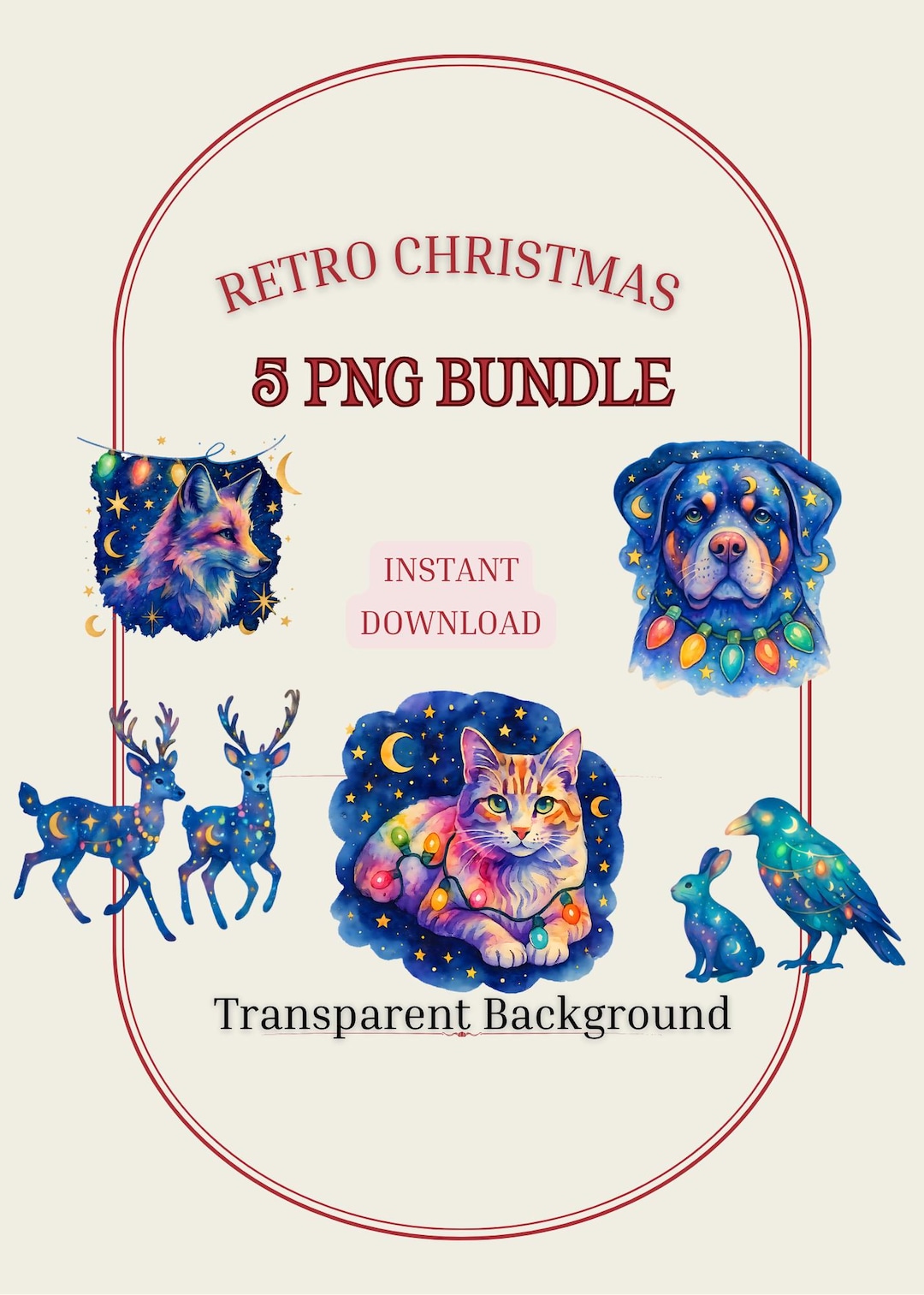 Retro Christmas Clip Art Bundle – Multicolored Vintage 5 Pngs, Instant ...