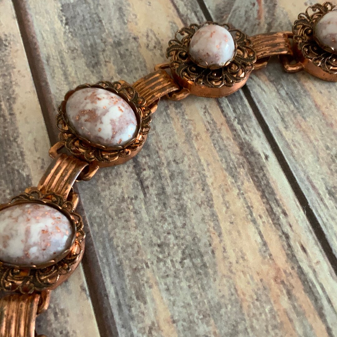 Antique Copper Pink Glitter Cabochon Link Bracelet From the 60s - Etsy