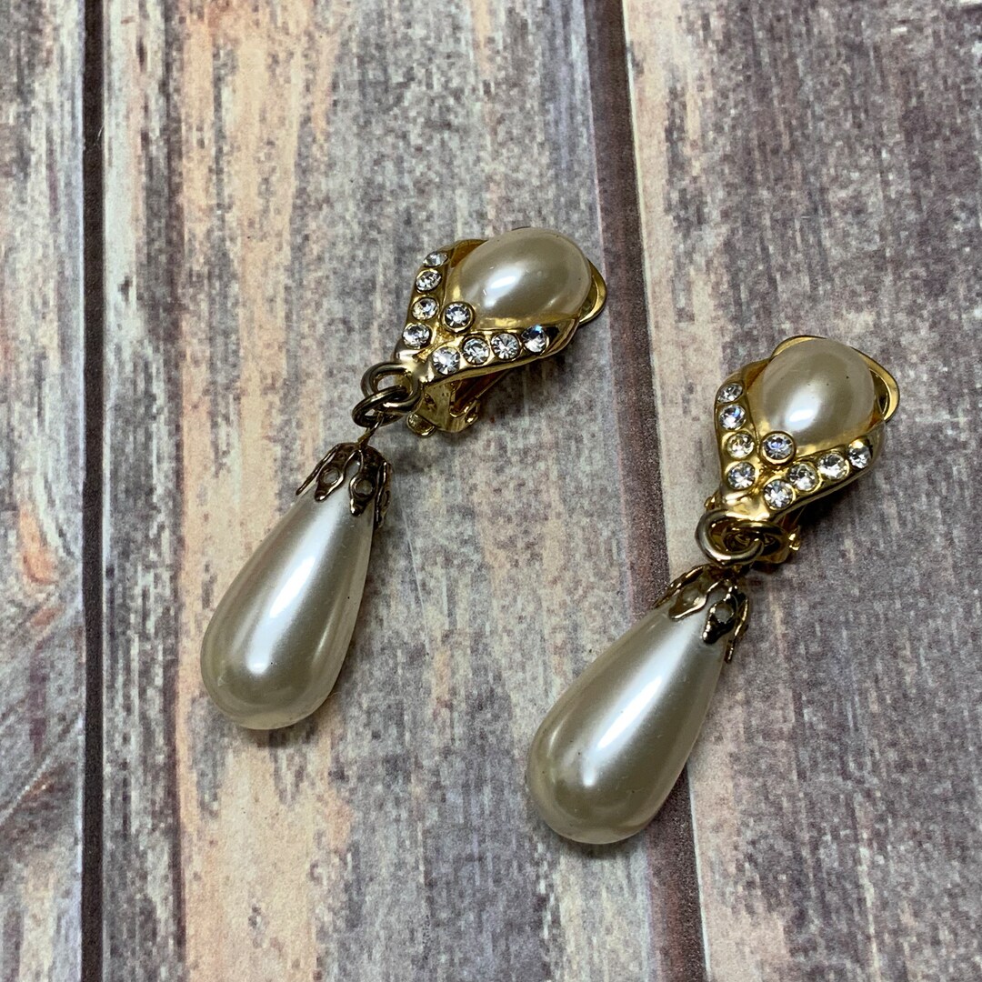 Faux Pearl Tear Drop Rhinestone Clip on Earrings - Etsy