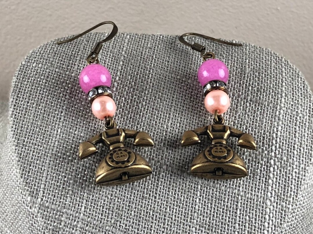 Antique Brass Rotary Telephone Dangle Earrings With Pink Faux Pearls - Etsy
