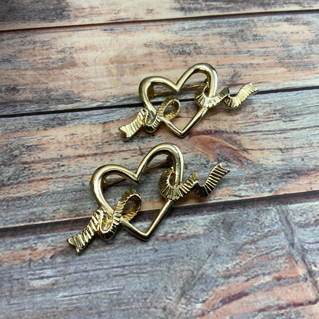 Set of Two Open Heart Ribbon Scatter Pins in Gold Tone Metal From the ...