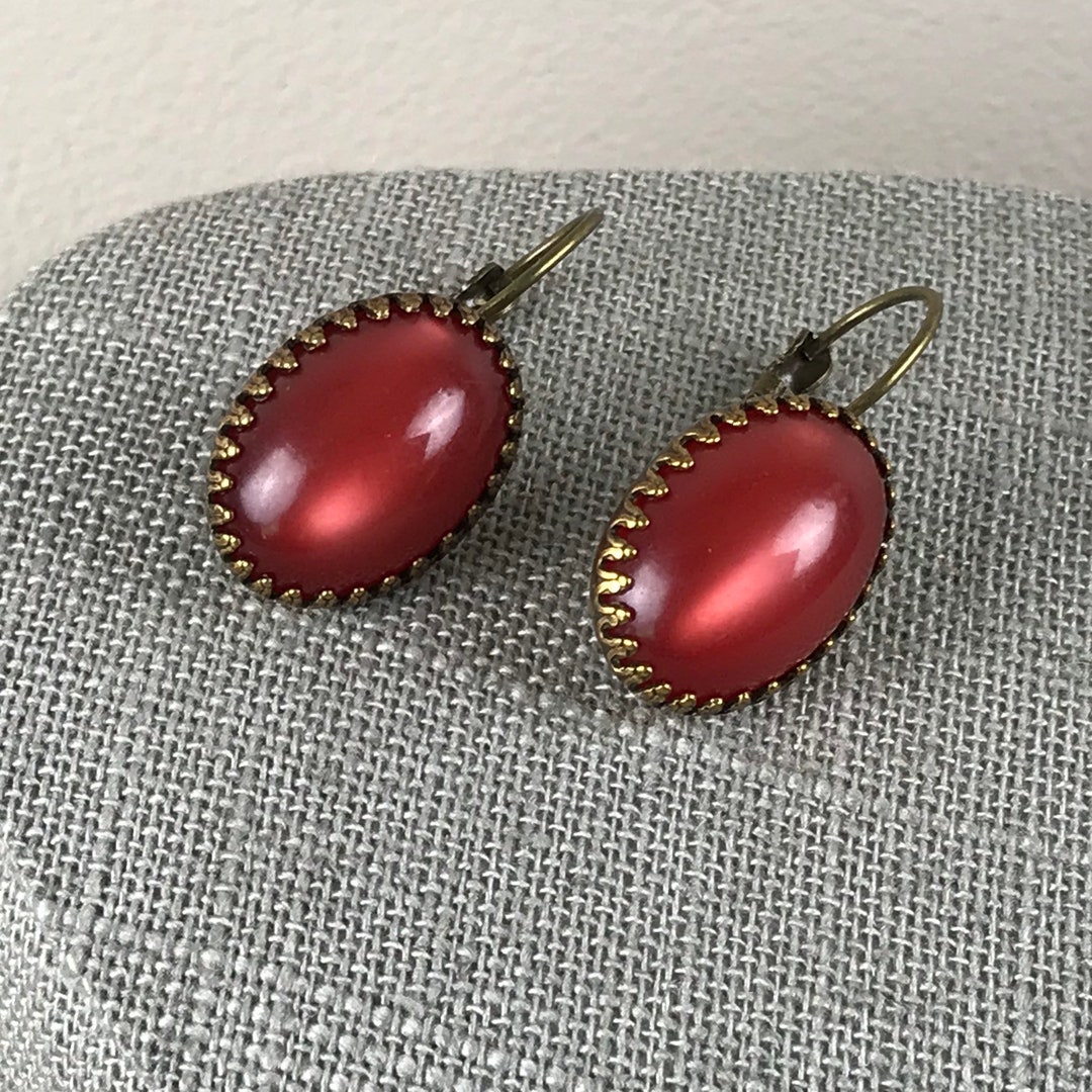 Red Moon Glow Antique Brass Lever Back Earrings - Etsy