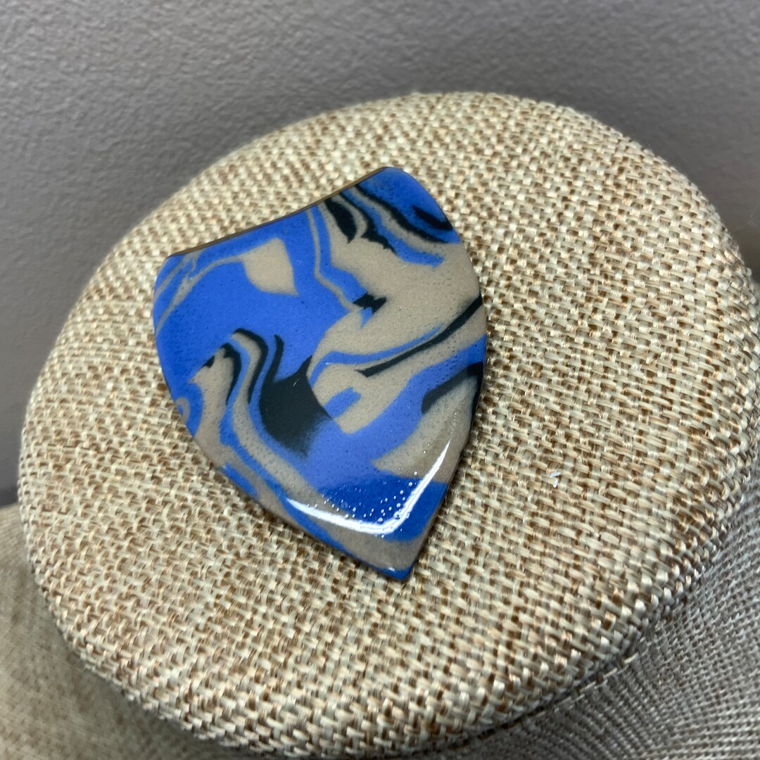 Artisan Made Marbled Blue and Tan Porcelain Shield Brooch. - Etsy