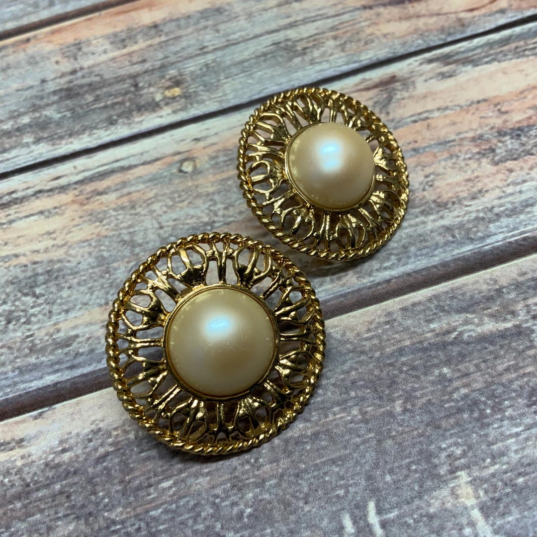 Vintage 80s Pierced Faux Pearl Filigree Open Work Earrings in Gold Tone ...