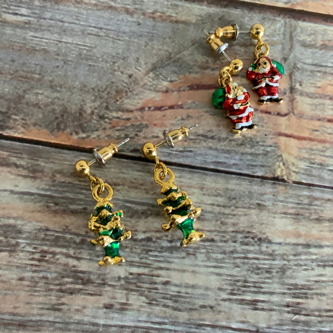 Vintage Pierced Set of Two Santa and Christmas Trees Earrings in Gold ...