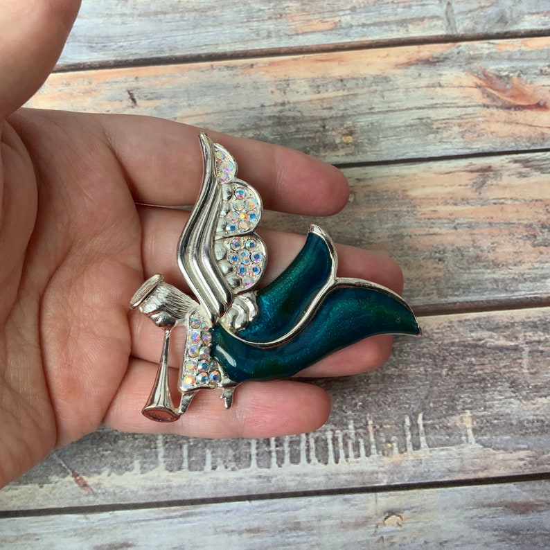 Vintage 90s Large Teal Enamel Rhinestone Angel Brooch - Etsy