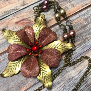 Handmade Rust Red Brass Daisy Flower Necklace With Pearl Chain - Etsy