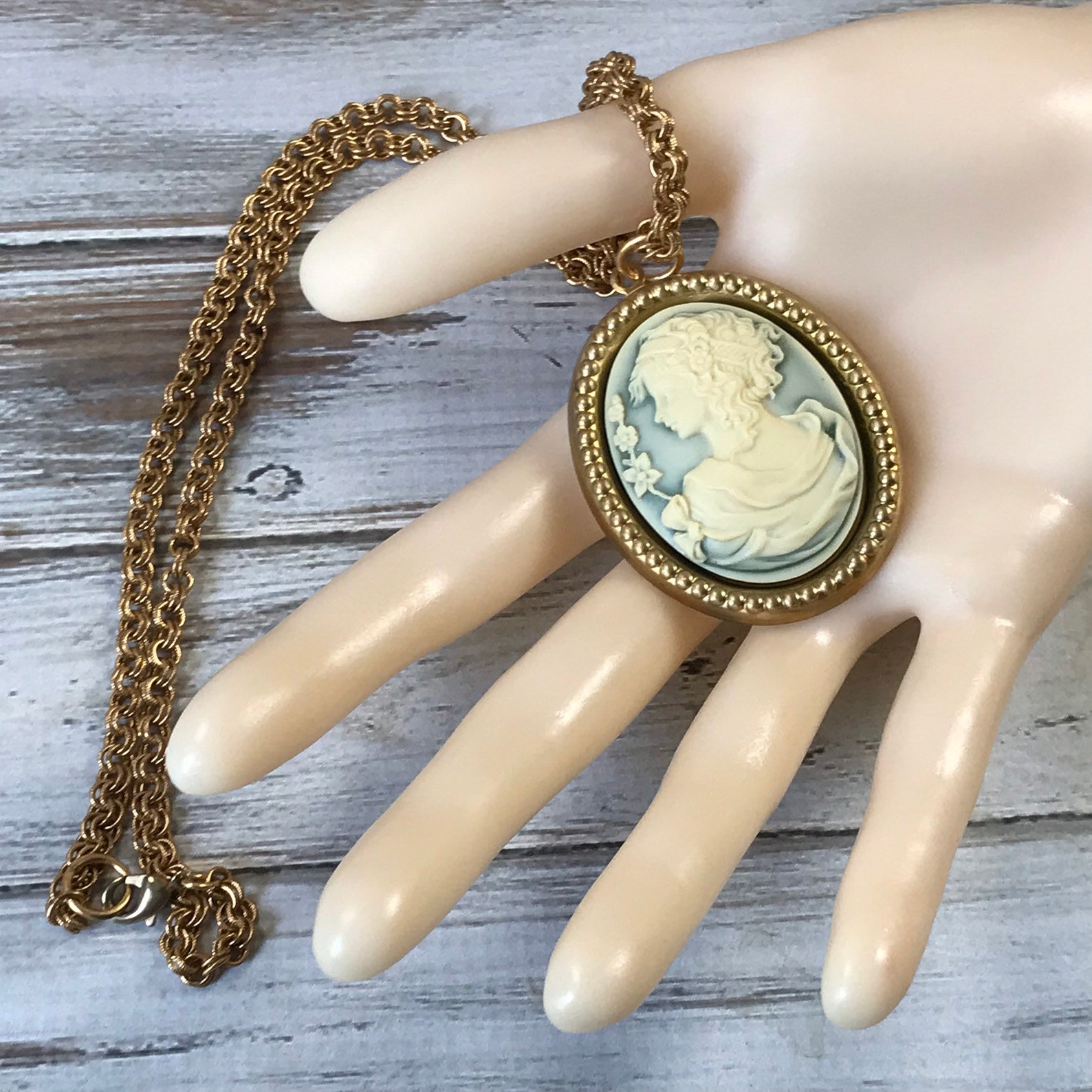 Large sage and cream resin greek goddess cameo necklace in | Etsy