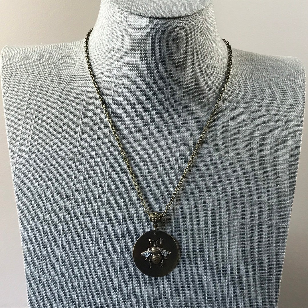 Handmade Antique Brass Hand Painted Bumble Bee Disk Pendant on Bronze ...