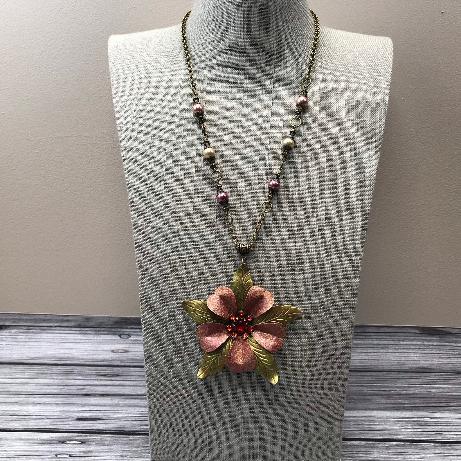Handmade Rust Red Brass Daisy Flower Necklace With Pearl Chain - Etsy