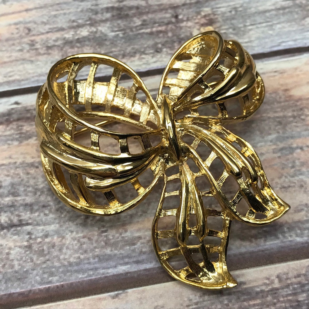 Vintage Bright Gold Tone Reticulated Ribbon Bow Brooch - Etsy