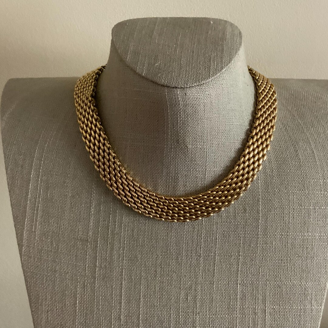 Heavy Woven Chain Link Collar Chain Choker Necklace in Gold Tone Metal ...