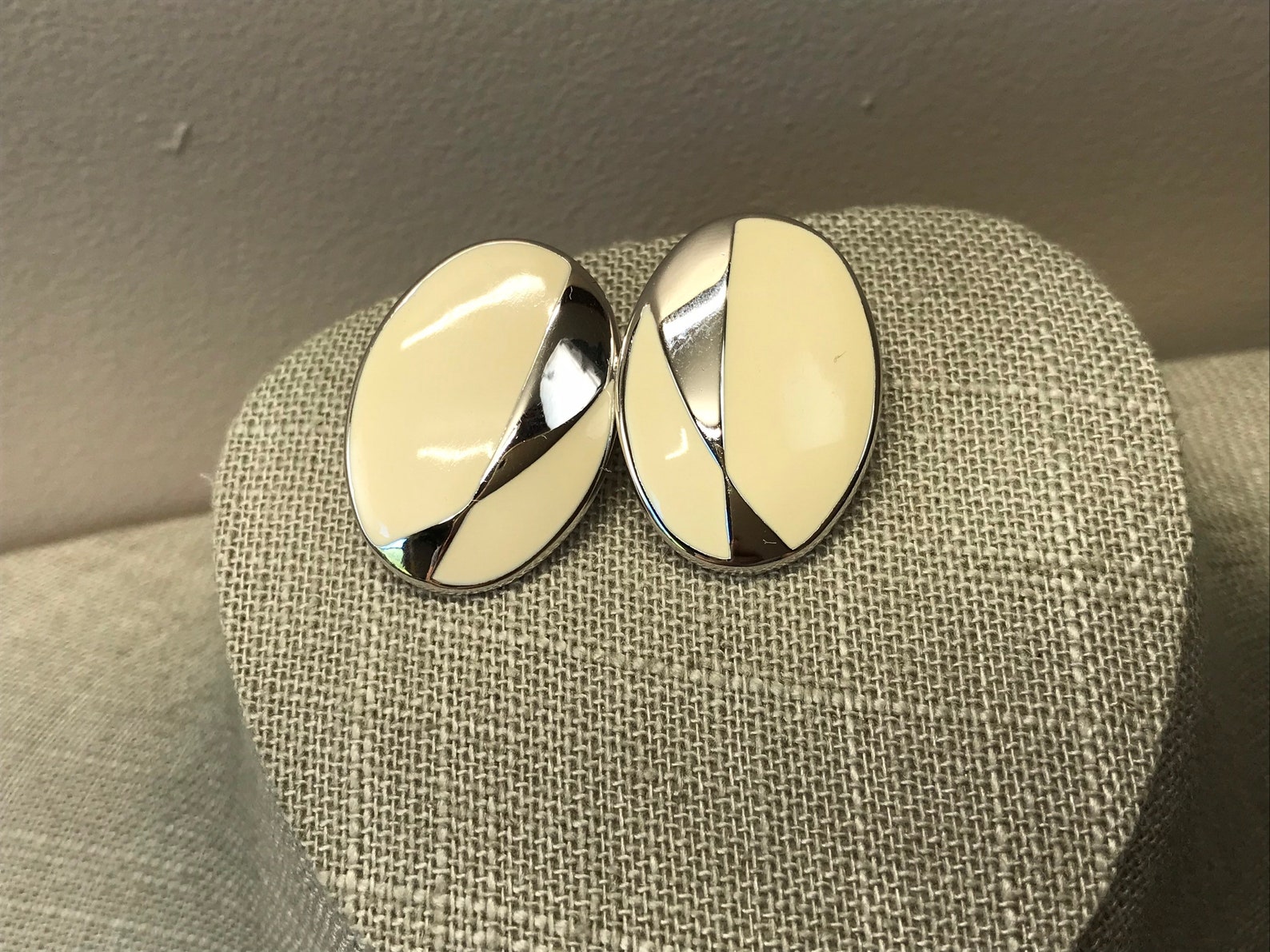 Oval Cream and Silver Enamel Monet Post Earrings - Etsy