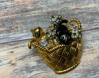 Adorable Vintage Carolee Basket of Kittens Brooch Pin Gold Tone Black ...