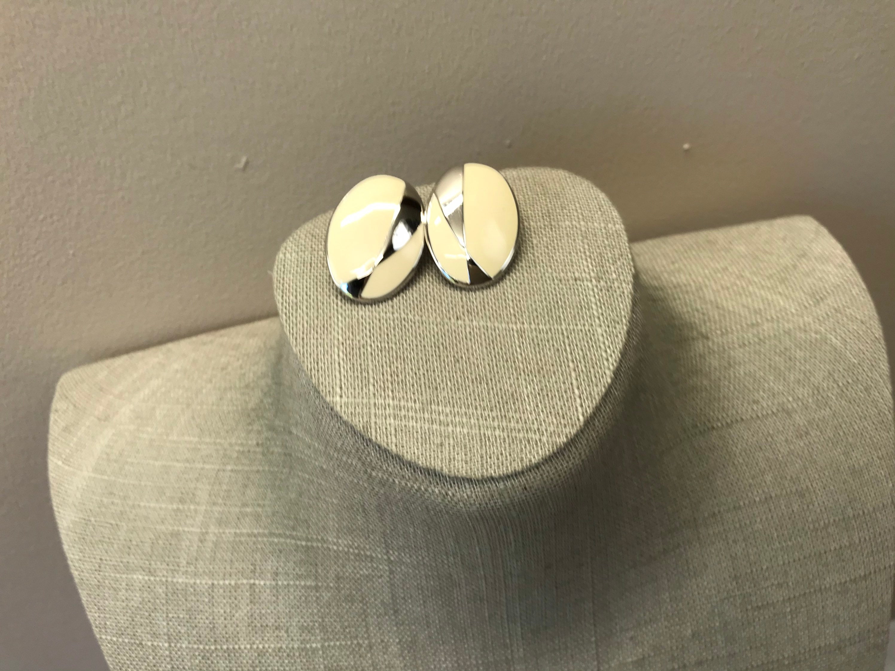 Oval Cream and Silver Enamel Monet Post Earrings - Etsy