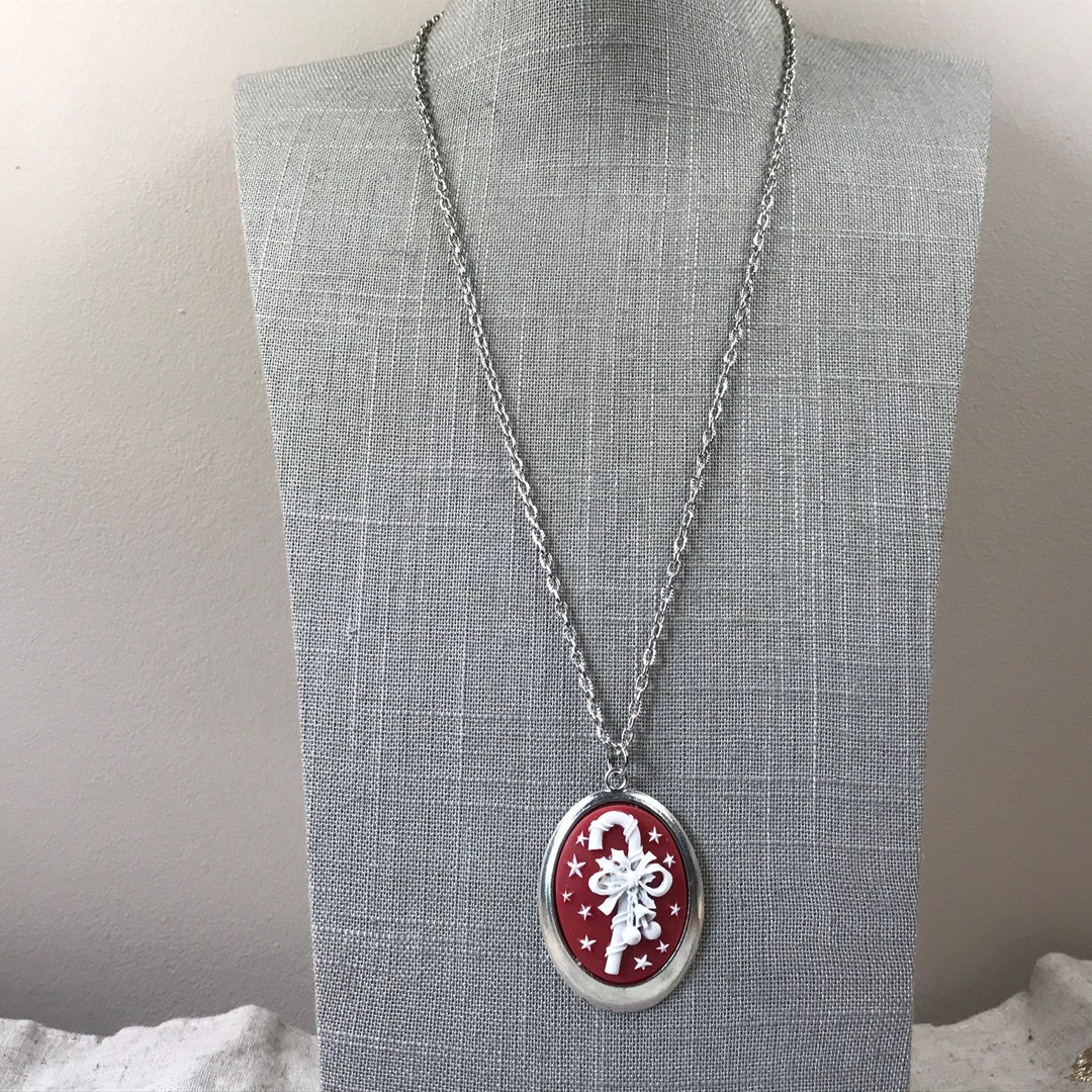 Classic Large Red and White Resin Candy Cane Cameo Necklace - Etsy